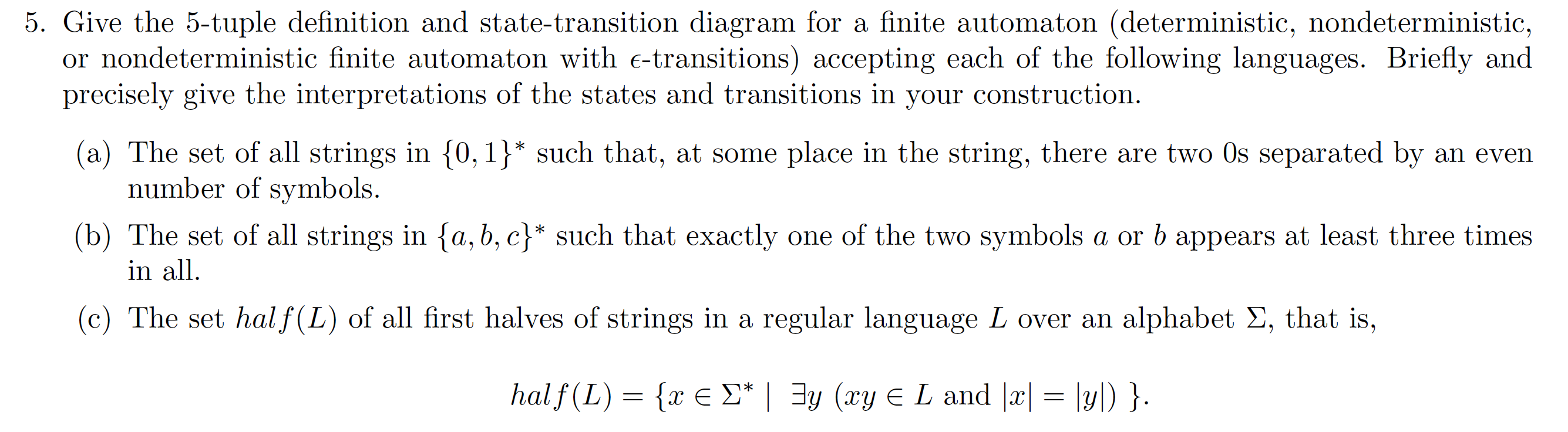 Solved 5. Give the 5-tuple definition and state-transition | Chegg.com