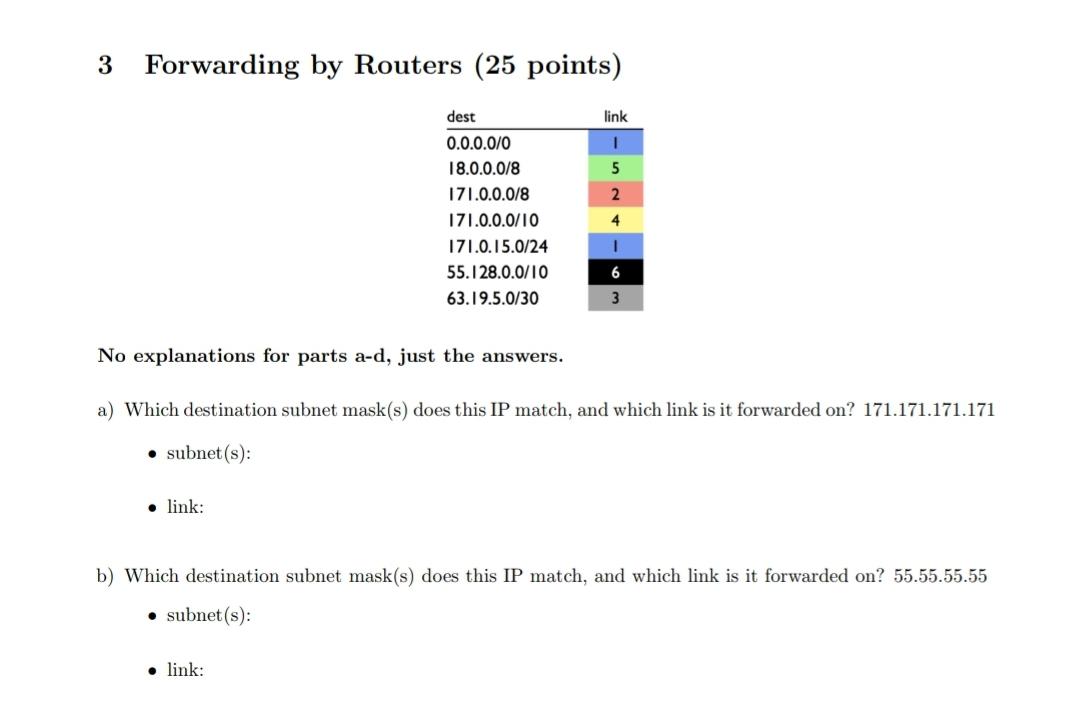 Solved 3 Forwarding by Routers (25 points) No explanations | Chegg.com