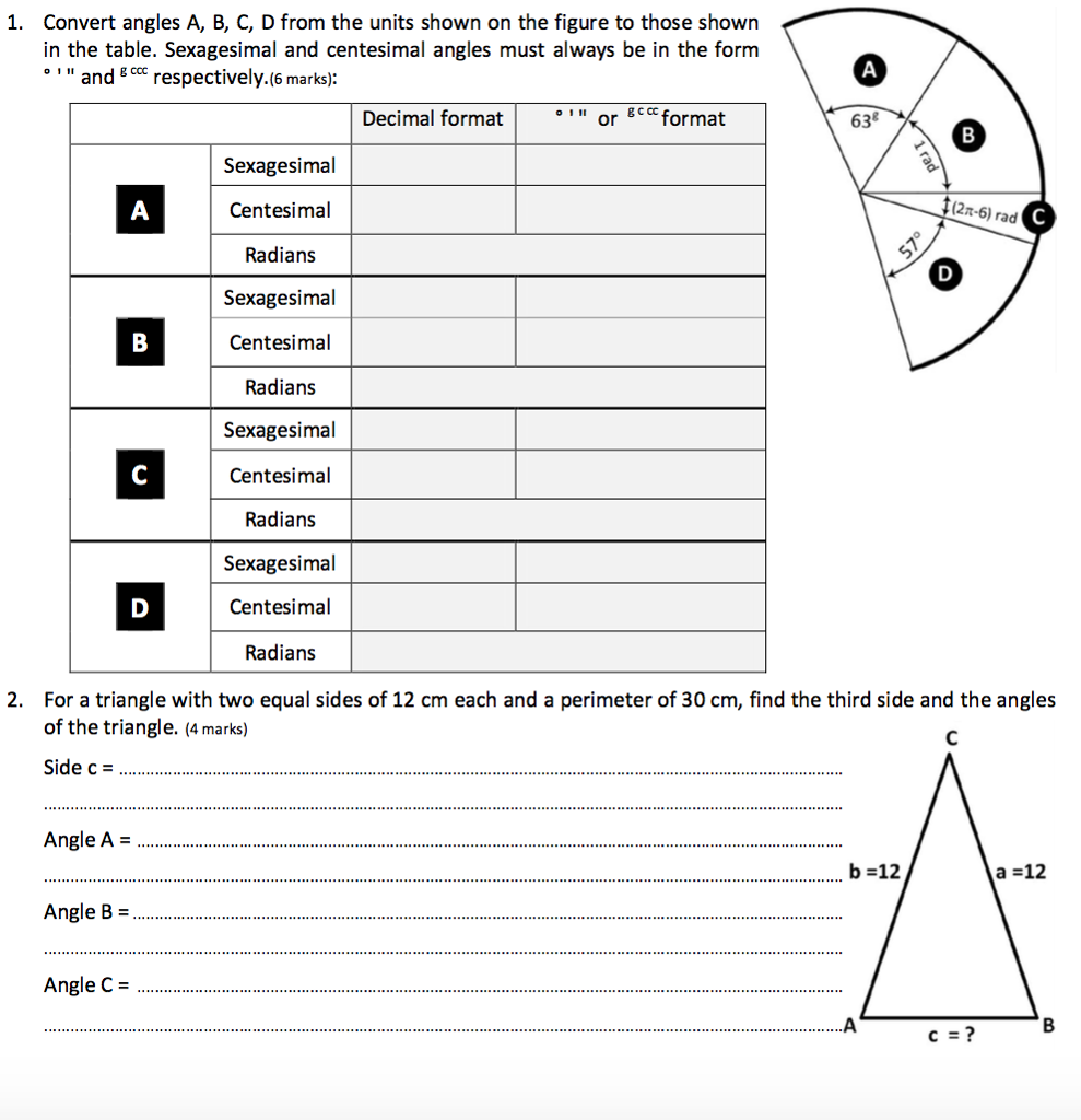 Solved Convert angles A, B, C, D from the units shown on the | Chegg.com
