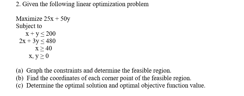 Solved 2. Given the following linear optimization problem | Chegg.com