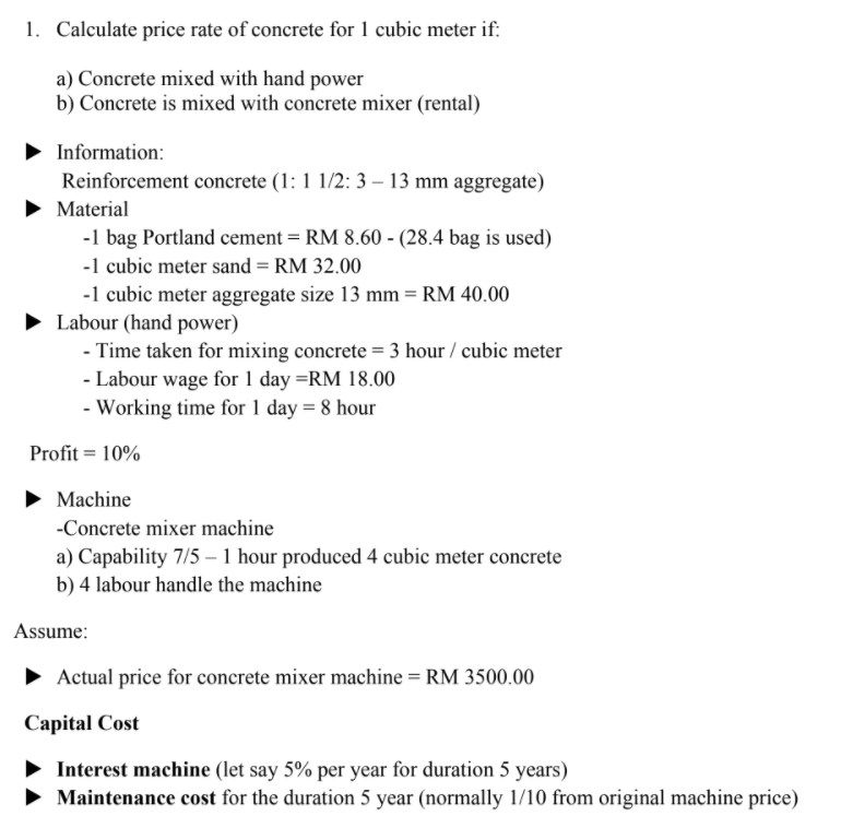 Solved 1. Calculate price rate of concrete for 1 cubic meter | Chegg.com