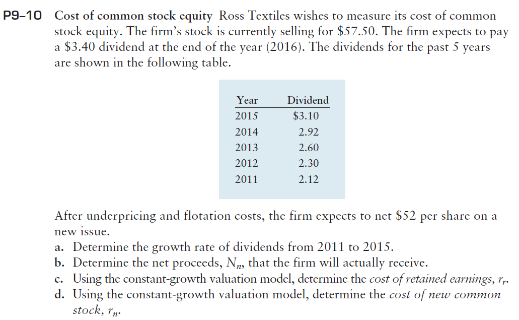 Solved P9-10 Cost of common stock equity Ross Textiles | Chegg.com