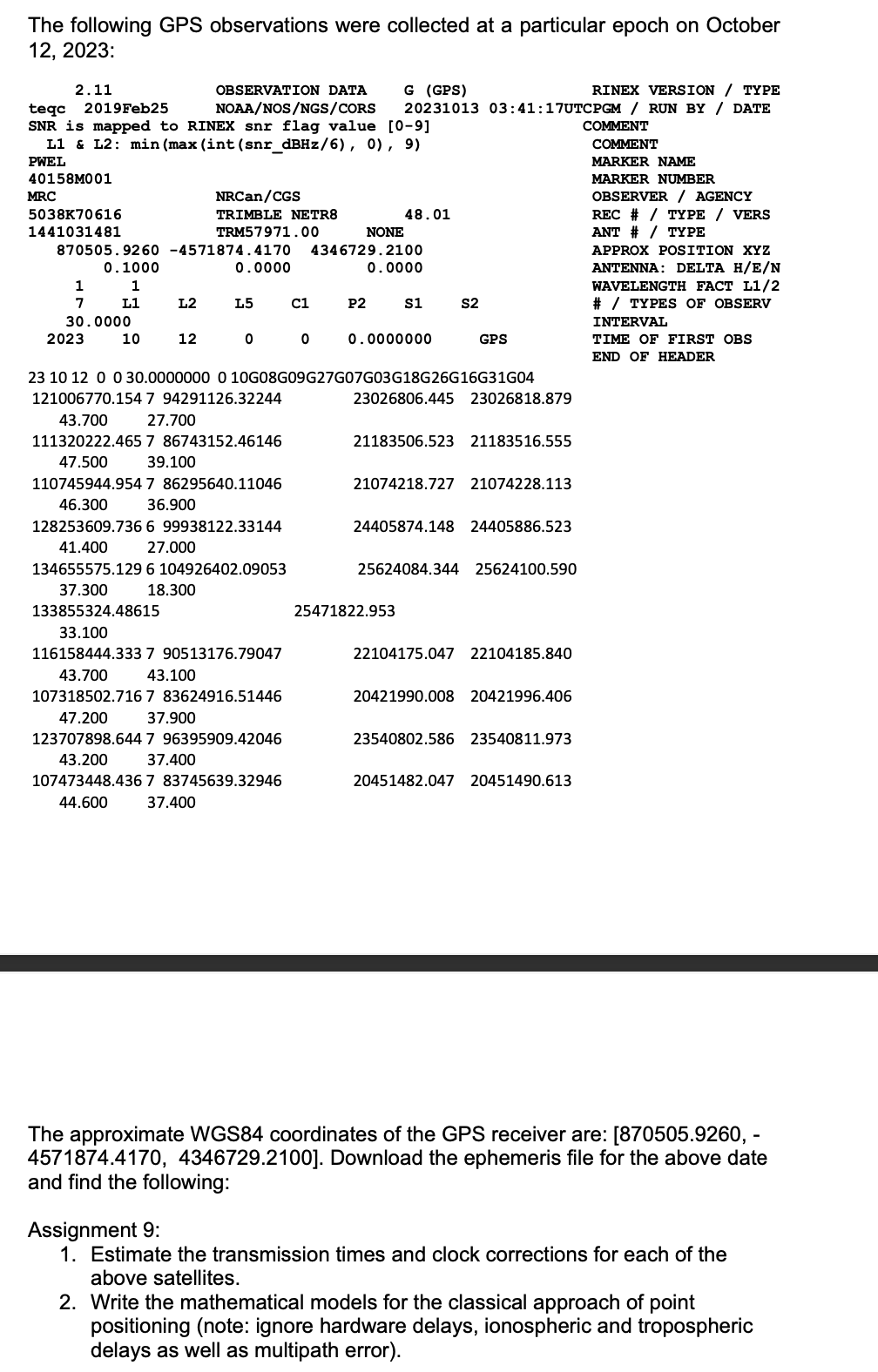Solved The following GPS observations were collected at a | Chegg.com