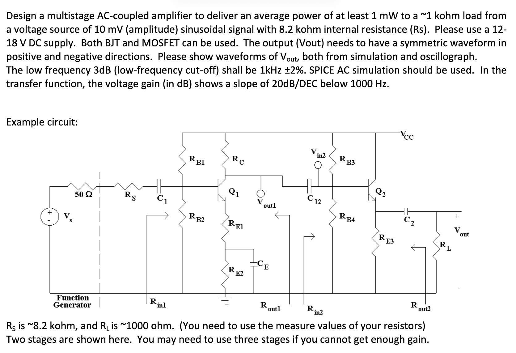 Solved Design a multistage AC-coupled amplifier to deliver | Chegg.com