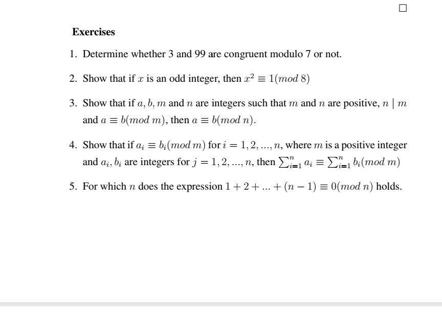 Solved Exercises 1. Determine whether 3 and 99 are congruent | Chegg.com