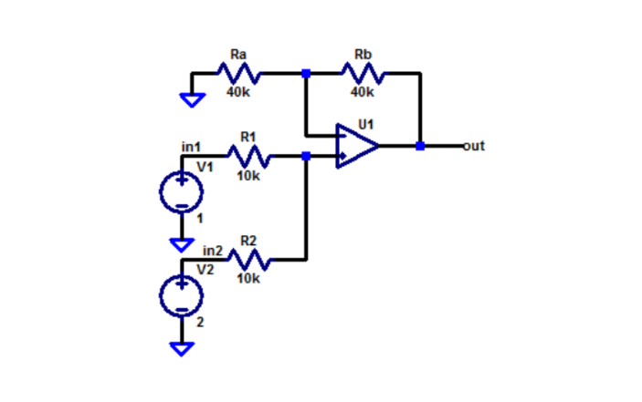 Solved Rb 40k U1 Ra 40k R1 in1 V1 0k R2 in2 V2 0k 2 | Chegg.com