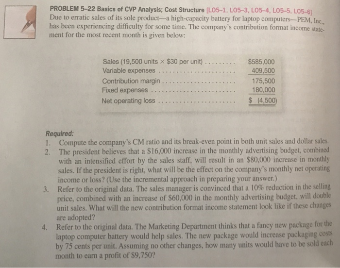 Solved PROBLEM 5-22 Basics of CVP Analysis; Cost Structure | Chegg.com