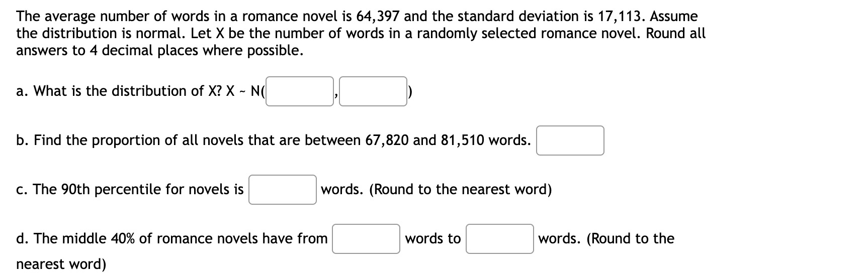 Solved The average number of words in a romance novel is | Chegg.com