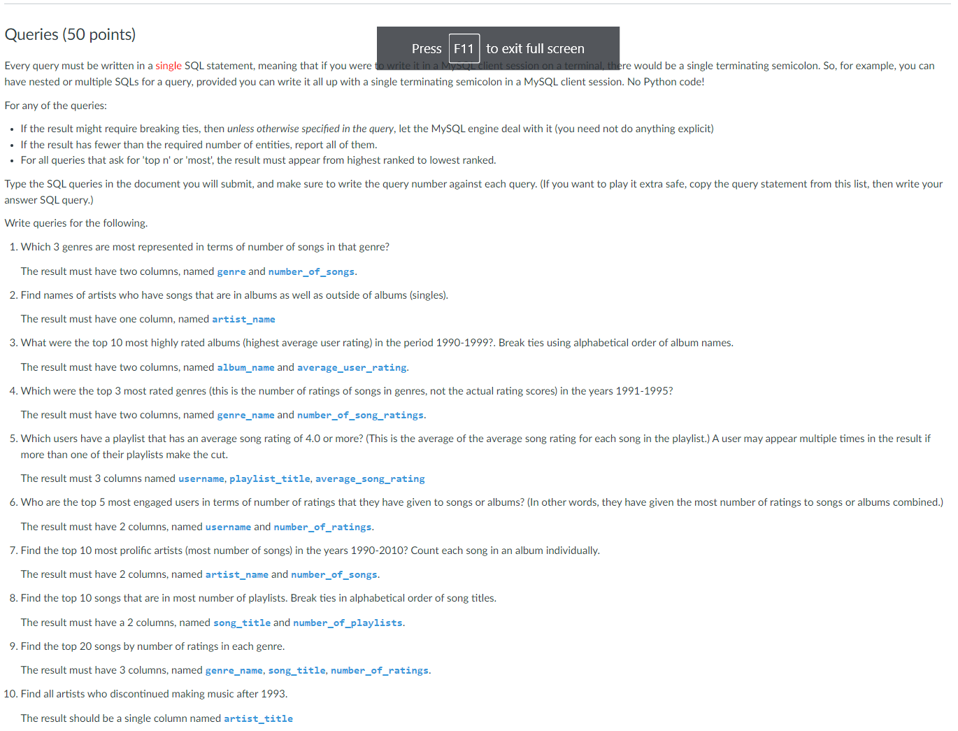 Queries (50 points) Press F11 to exit full screen | Chegg.com