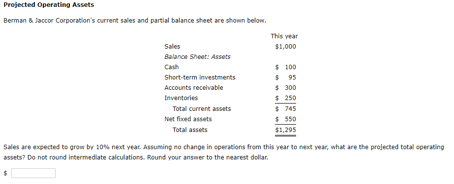 Solved Projected Operating Assets Berman \& Jaccor | Chegg.com