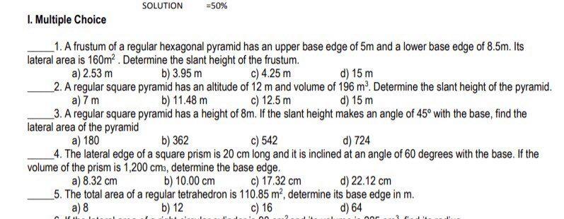 Solved SOLUTION =50% 1. Multiple Choice 1. A frustum of a | Chegg.com