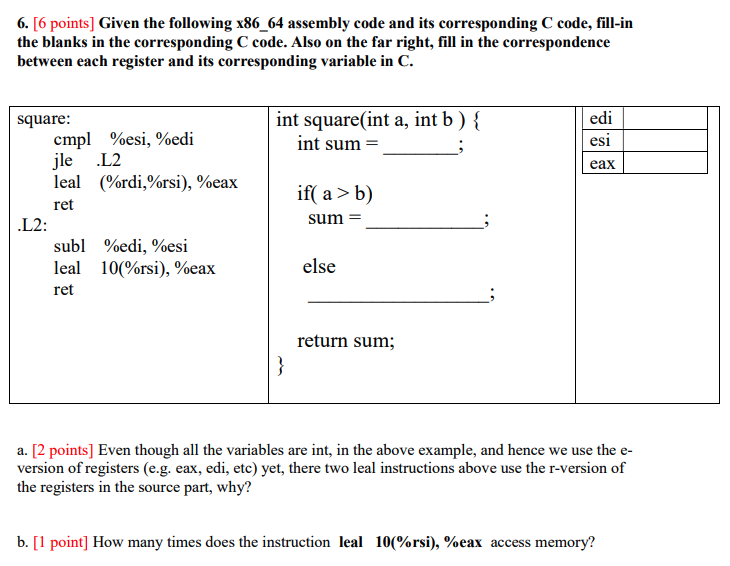 6. [6 points] Given the following x86_64 assembly | Chegg.com