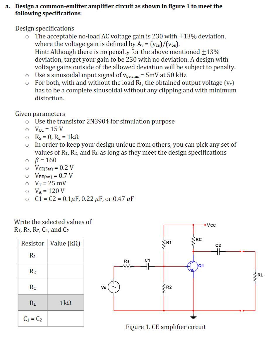 Solved a. Design a common-emitter amplifier circuit as shown | Chegg.com
