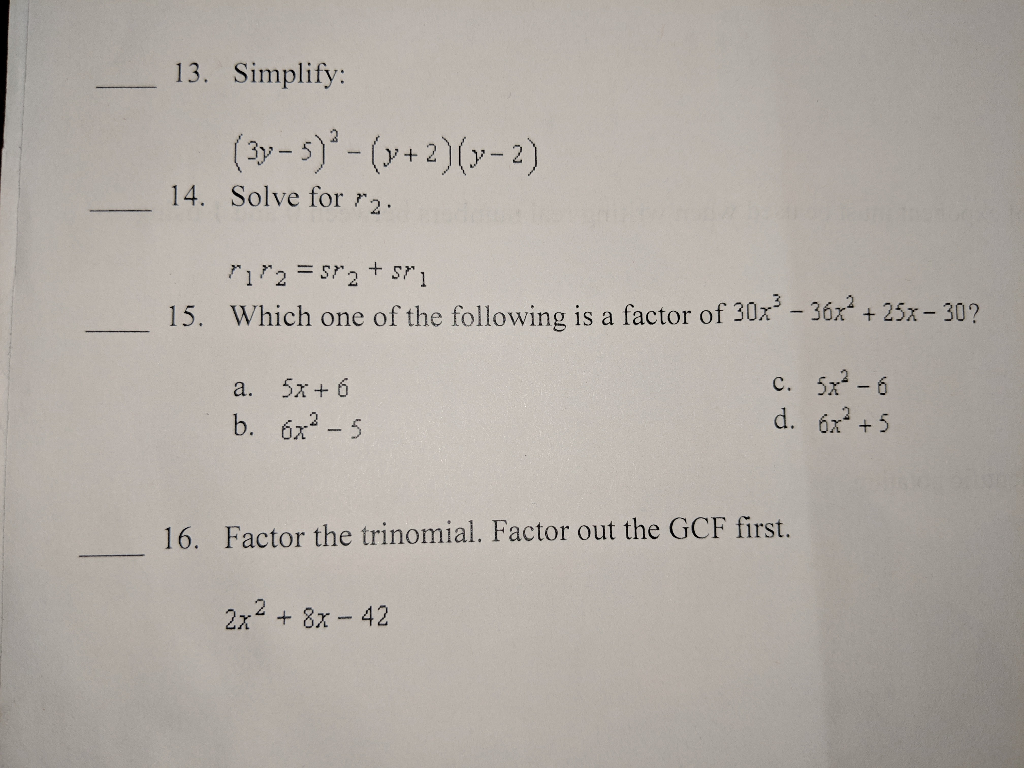 Solved 13. Simplify: 14. Solve for r2. r1 r2 =sr2 + srl 15. | Chegg.com