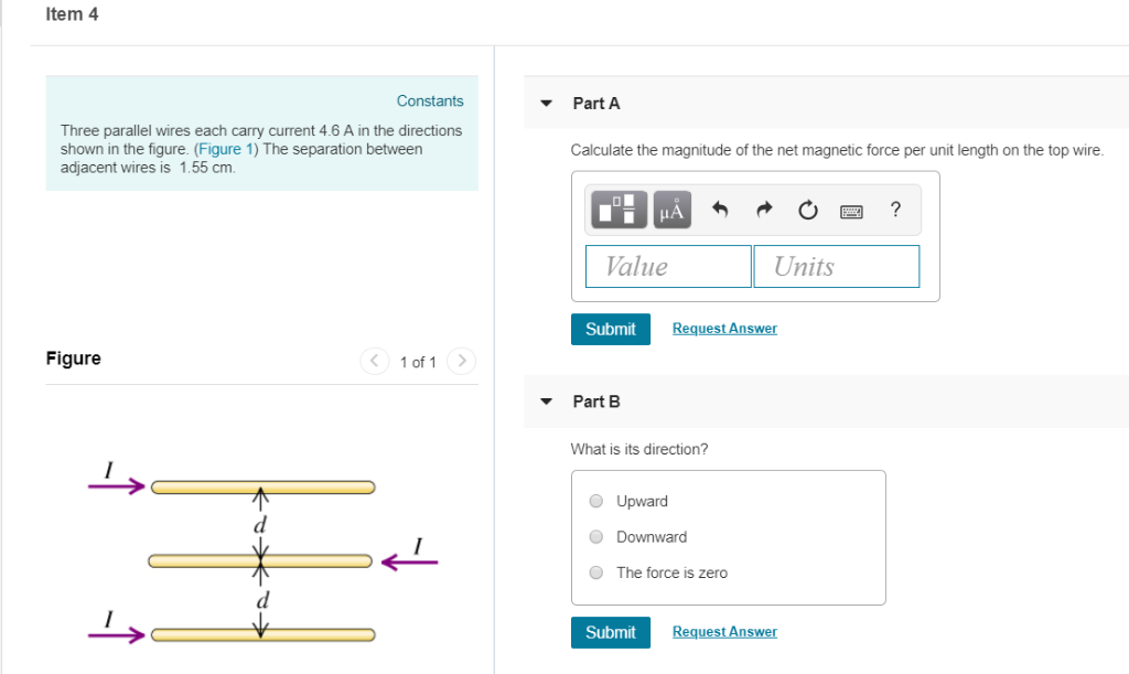 Solved Item 4 Constants Part A Three parallel wires each | Chegg.com