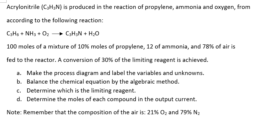 Solved Acrylonitrile (C3H3N) is produced in the reaction of | Chegg.com
