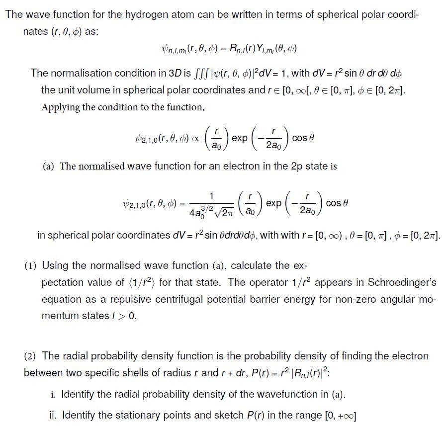Solved The wave function for the hydrogen atom can be | Chegg.com