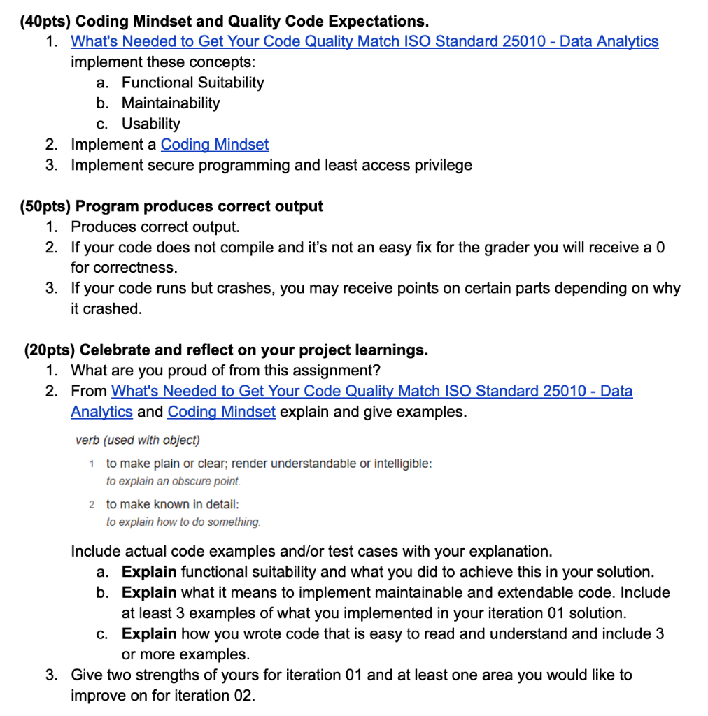 (40pts) Coding Mindset and Quality Code Expectations. | Chegg.com