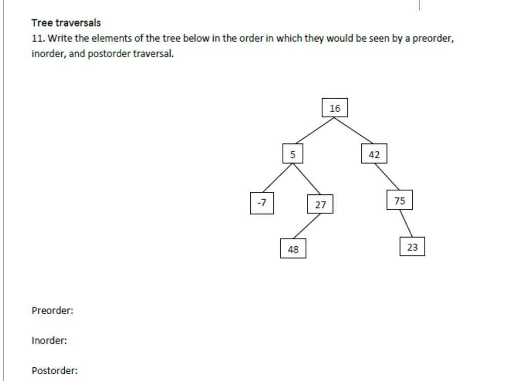 Solved Tree traversals 11. Write the elements of the tree | Chegg.com