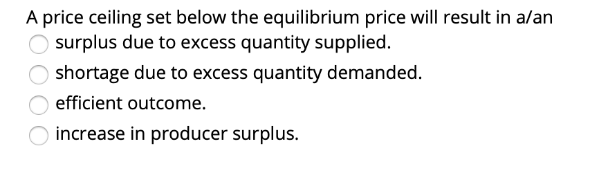 Solved A price ceiling set below the equilibrium price will | Chegg.com