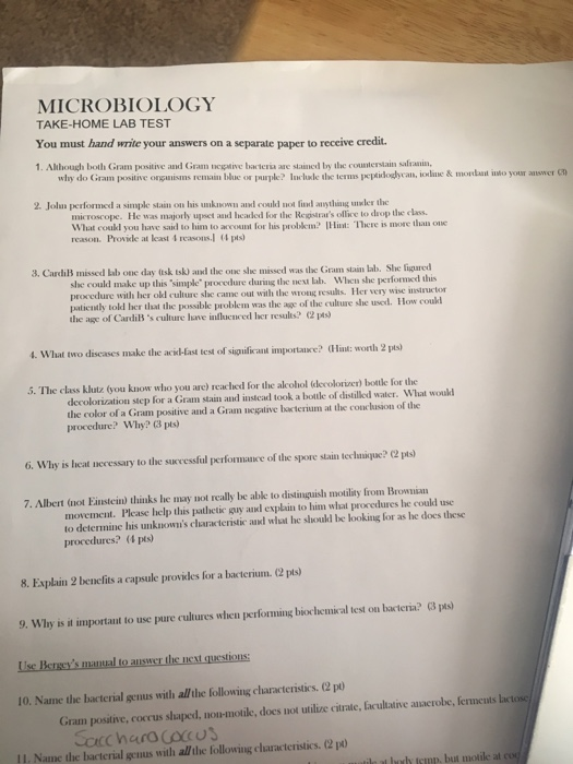 Solved MICROBIOLOGY TAKE-HOME LAB TEST You must hand write | Chegg.com