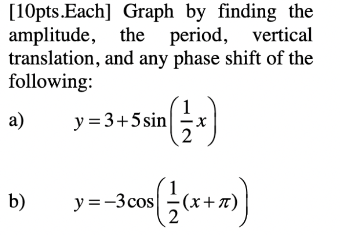 Solved [10pts.Each] Graph by finding the amplitude, the the | Chegg.com