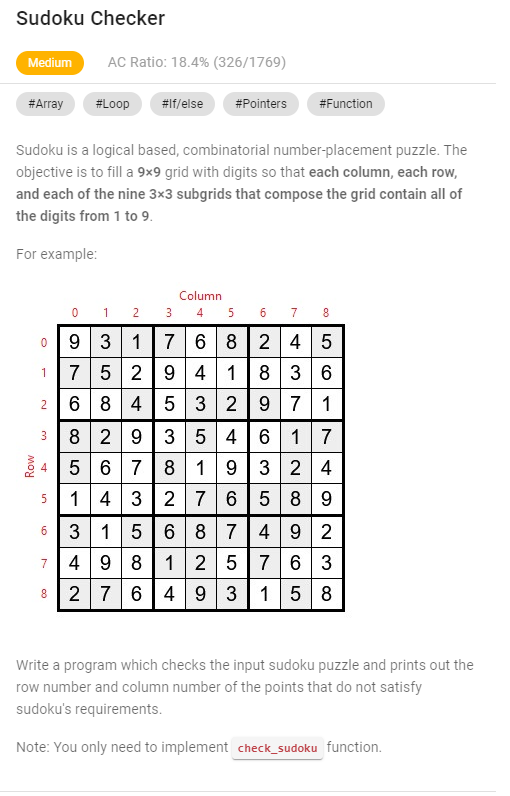 Solved Sudoku Checker Medium AC Ratio: 18.4% (326/1769) | Chegg.com