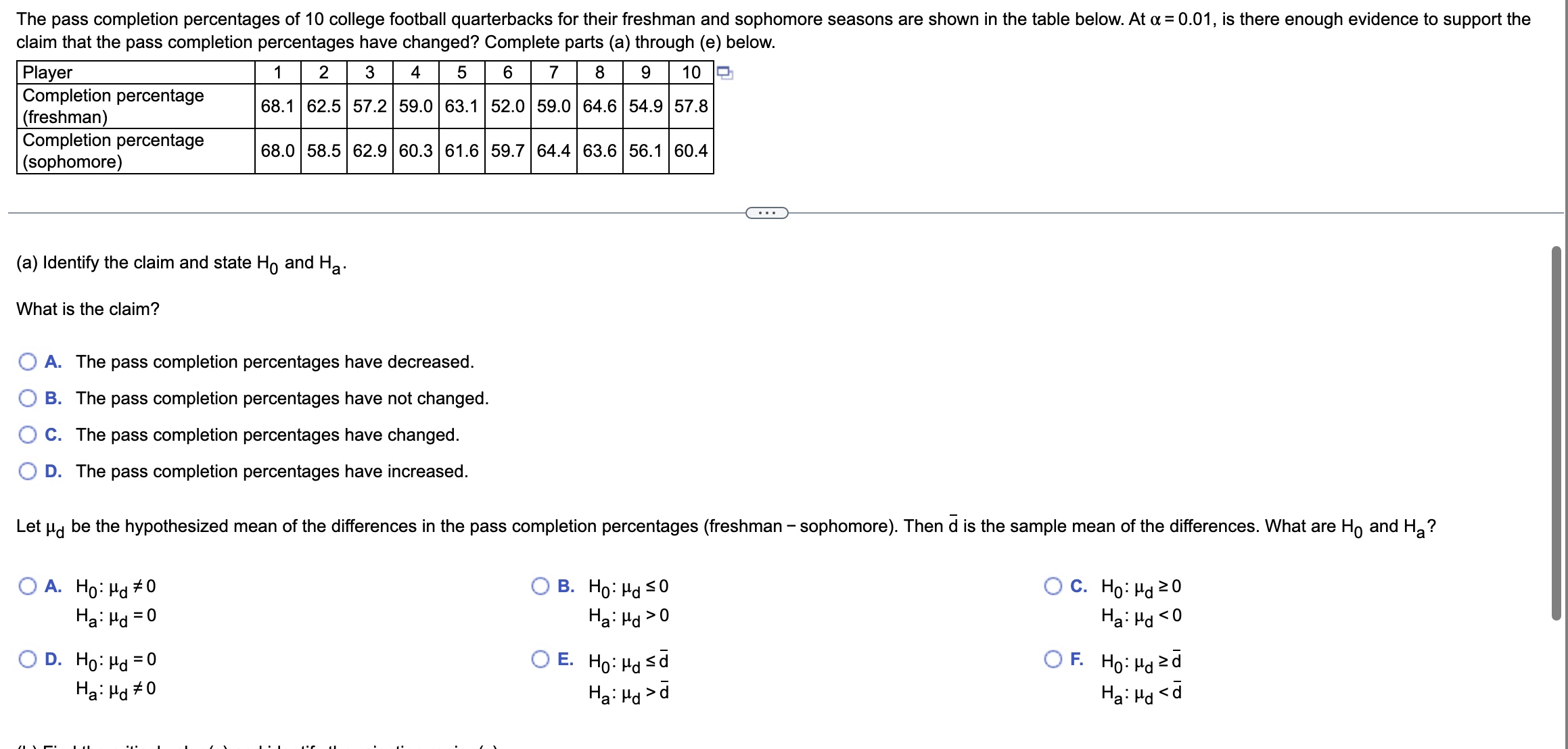 Solved The pass completion percentages of 10 college | Chegg.com