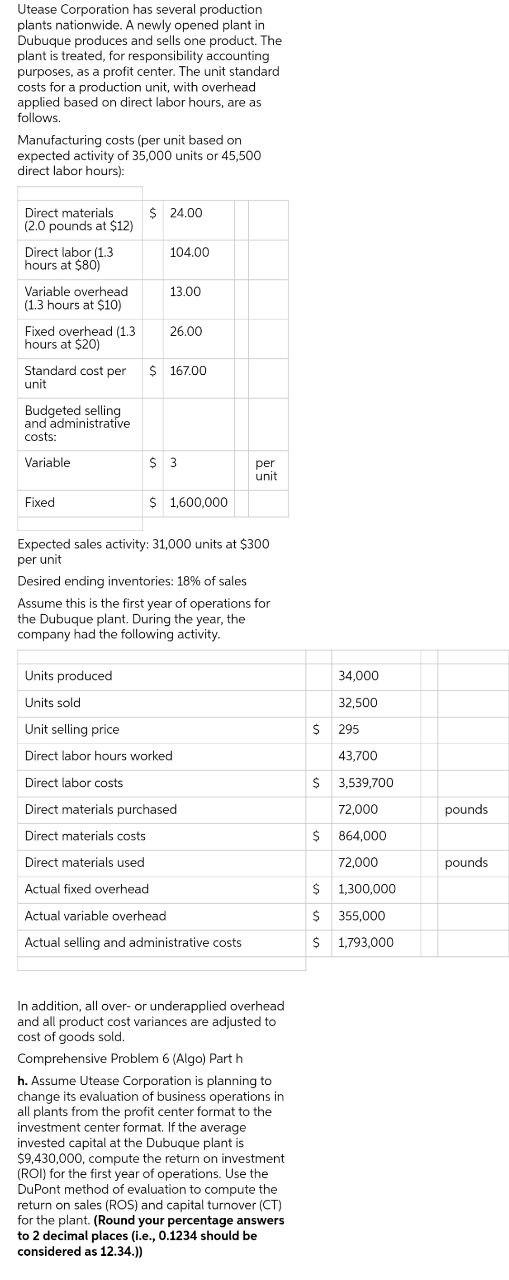 Utease Corporation has several production plants | Chegg.com
