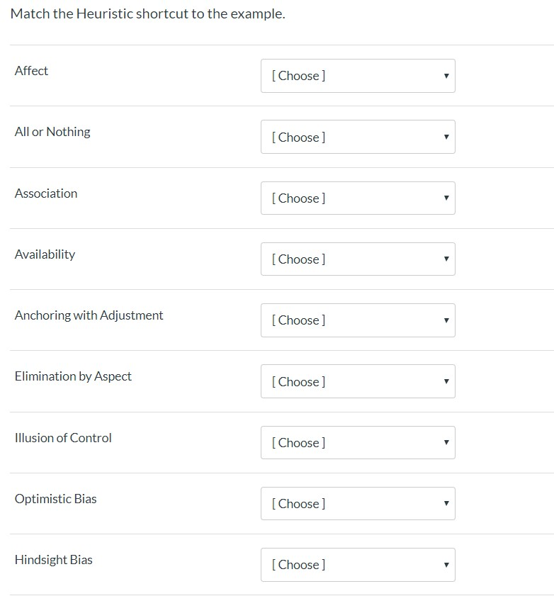 Solved Match the Heuristic shortcut to the example. Affect | Chegg.com