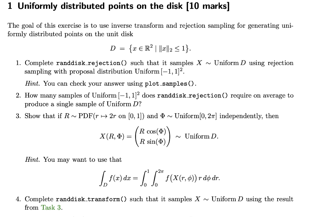 1 Uniformly distributed points on the disk (10 marks) | Chegg.com