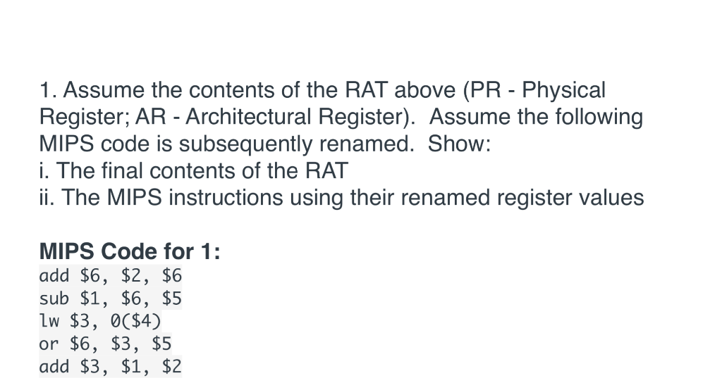 Part 1: Renaming and Reorder Buffer Index Physical | Chegg.com