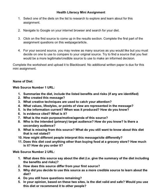 Health Literacy Mini Assignment 1. Select one of the | Chegg.com