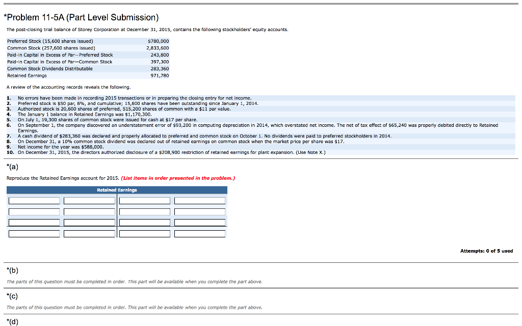 Solved *Problem 11-5A (Part Level Submission) The | Chegg.com