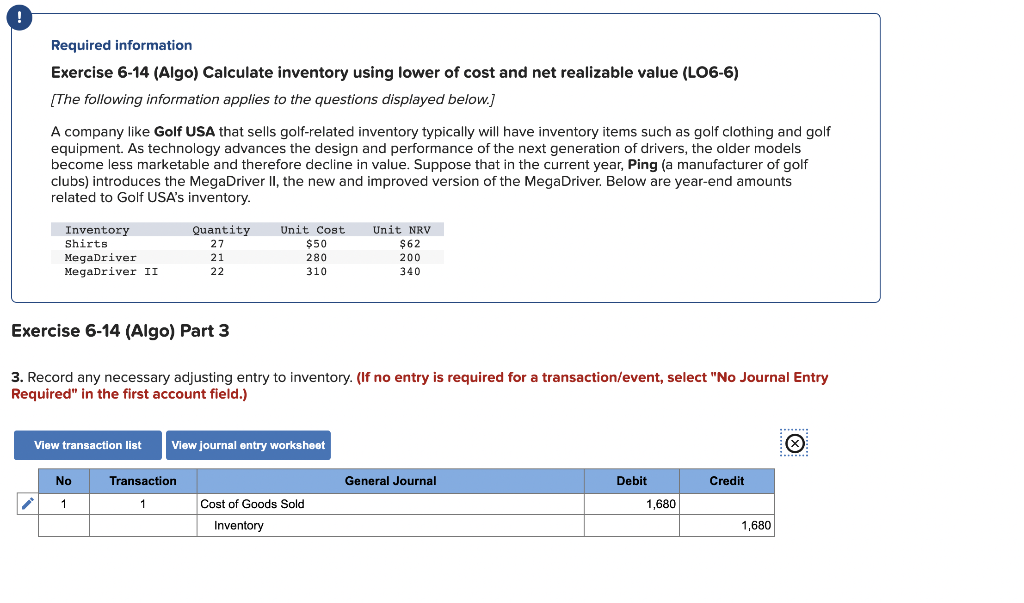 Solved Exercise 6-14 (Algo) Calculate inventory using lower | Chegg.com