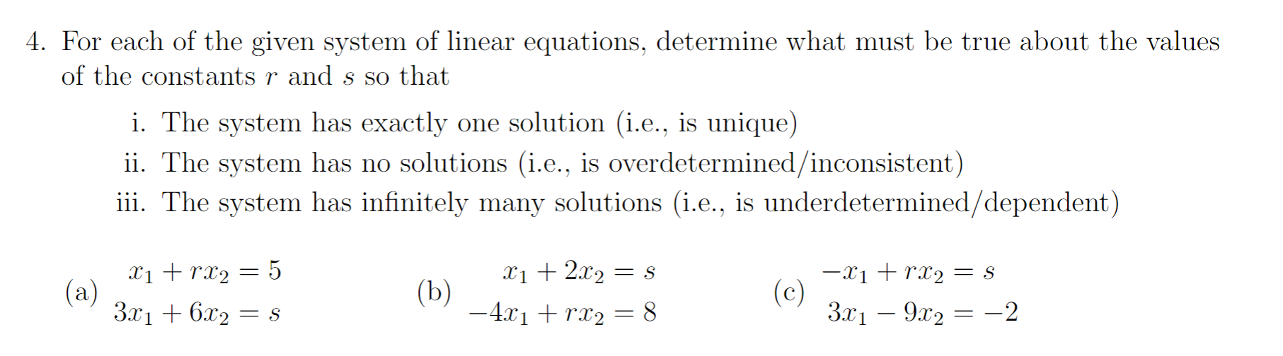 Solved 4. For each of the given system of linear equations, | Chegg.com