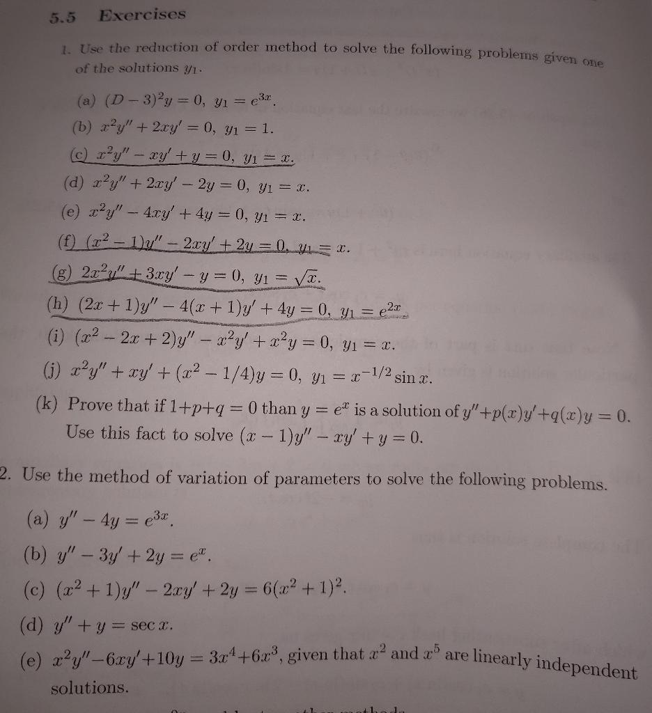 Solved 1. Use the reduction of order method to solve the | Chegg.com