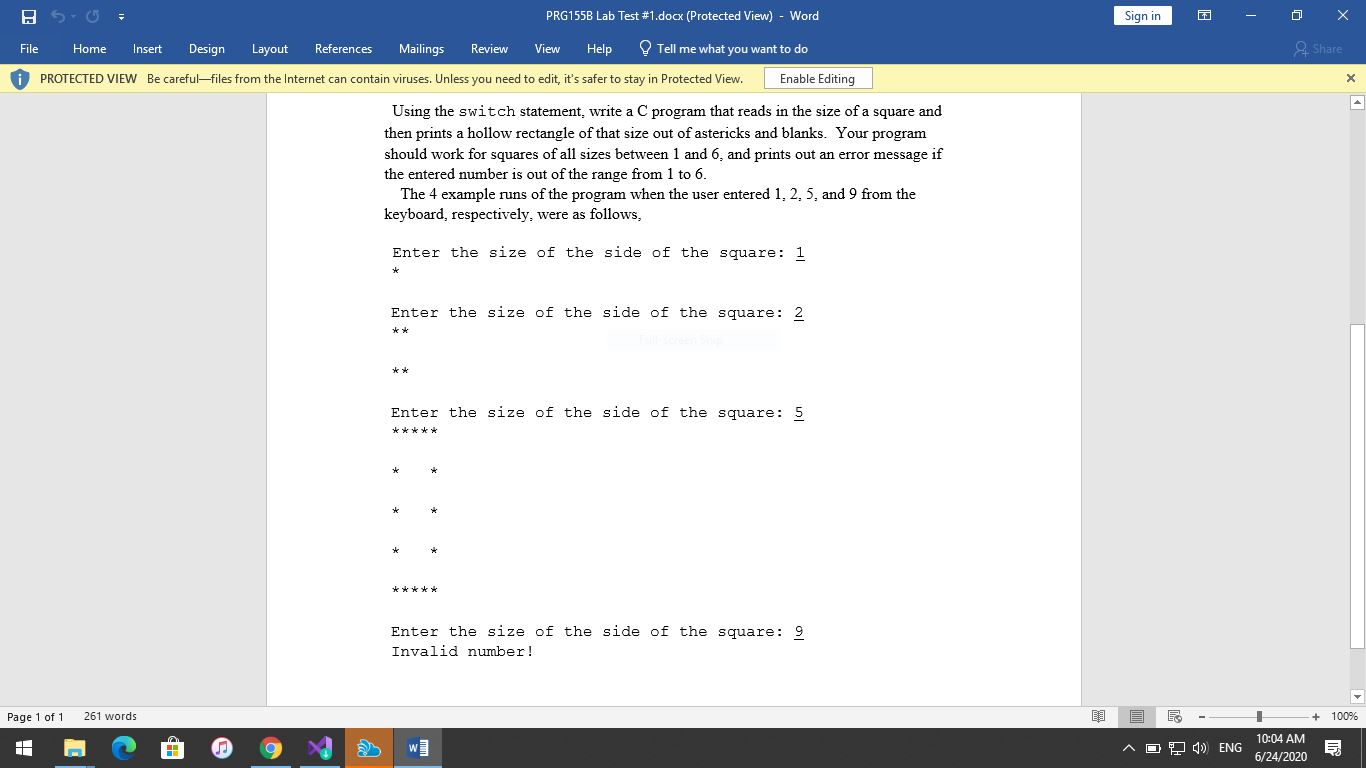Solved PRG155B Lab Test #1.docx (Protected View) - Word Sign | Chegg.com