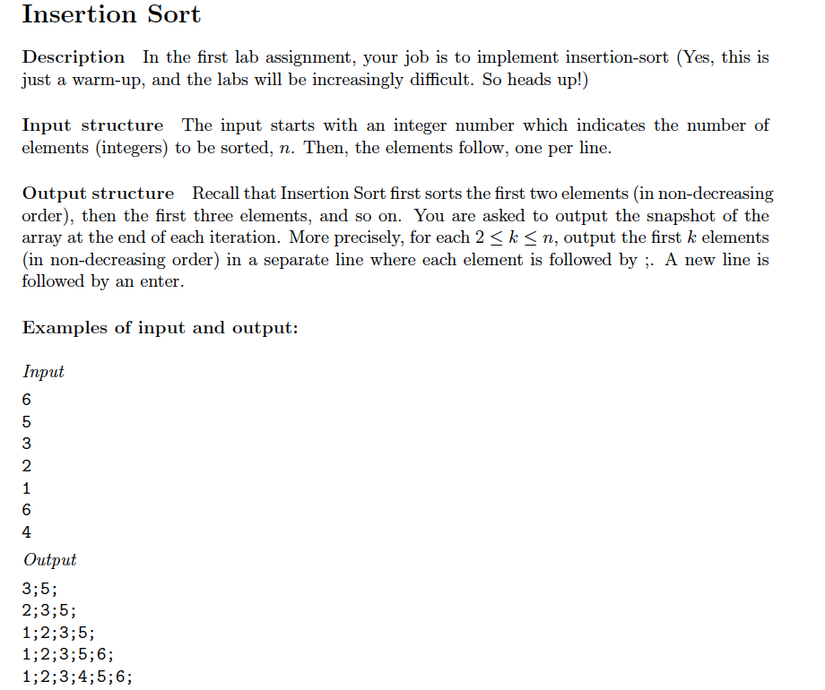 Solved Insertion Sort Description In the first lab | Chegg.com
