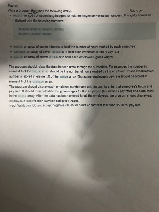 Solved Payroll Write a program that uses the following | Chegg.com