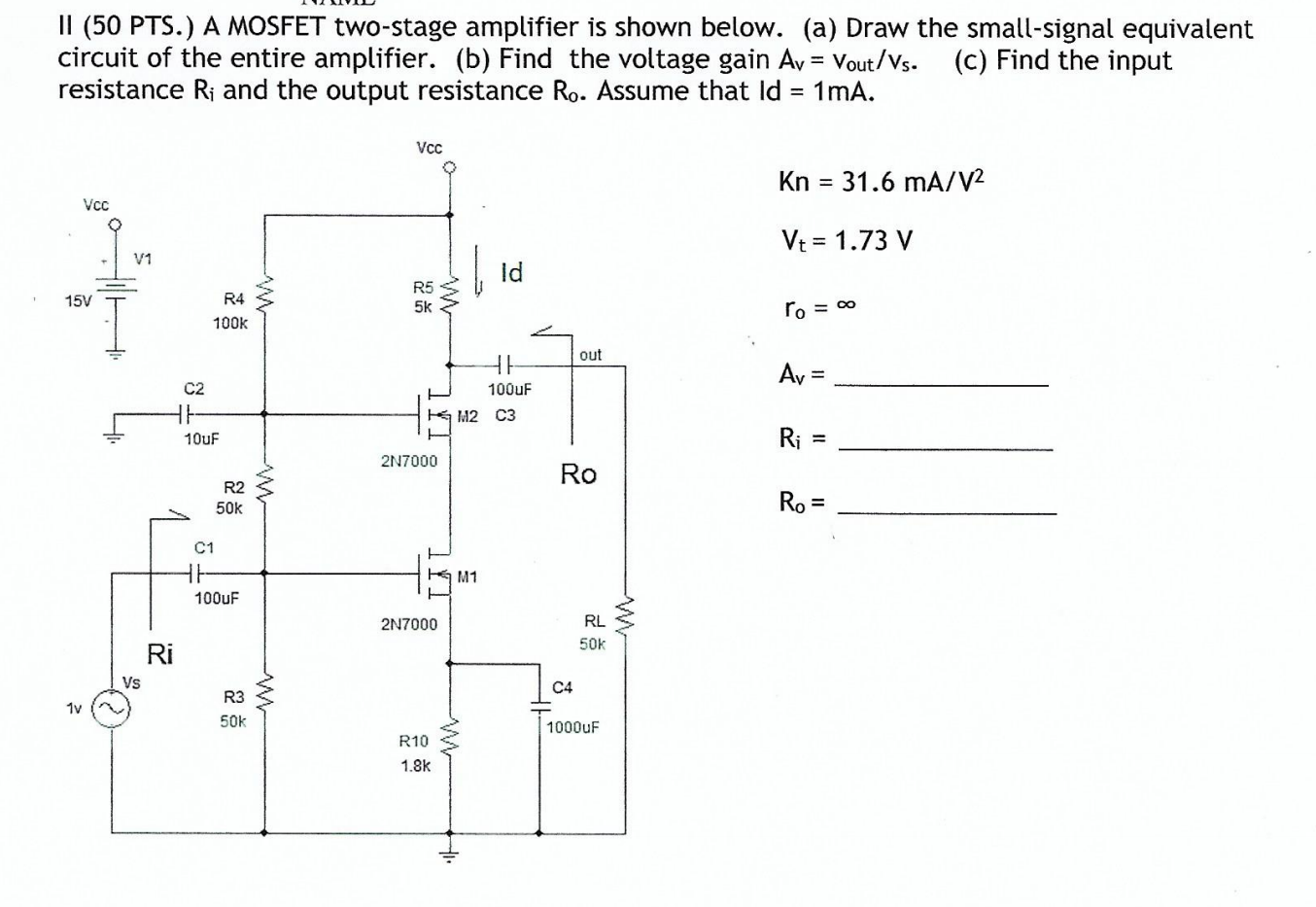 Solved A MOSFET two-stage amplifier is shown below. (a) Draw | Chegg.com