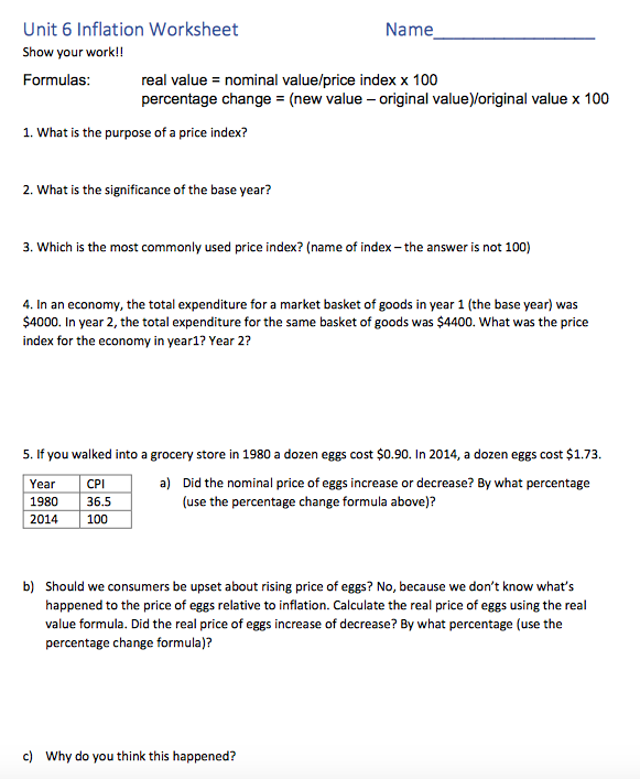 Solved Unit 6 Inflation Worksheet Name Show your work!! | Chegg.com