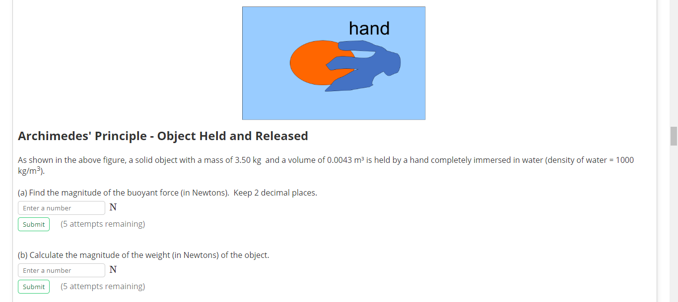 Solved hand Archimedes' Principle - Object Held and Released | Chegg.com
