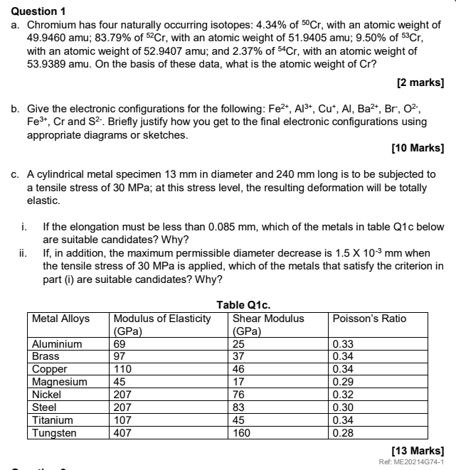 Solved Question 1 a. Chromium has four naturally occurring | Chegg.com