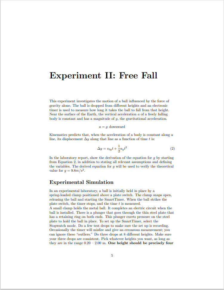 Experiment II: Free Fall This experiment investigates | Chegg.com