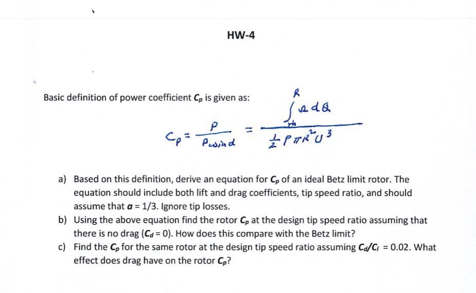 HW-4 Basic definition of power coefficient Cp is | Chegg.com