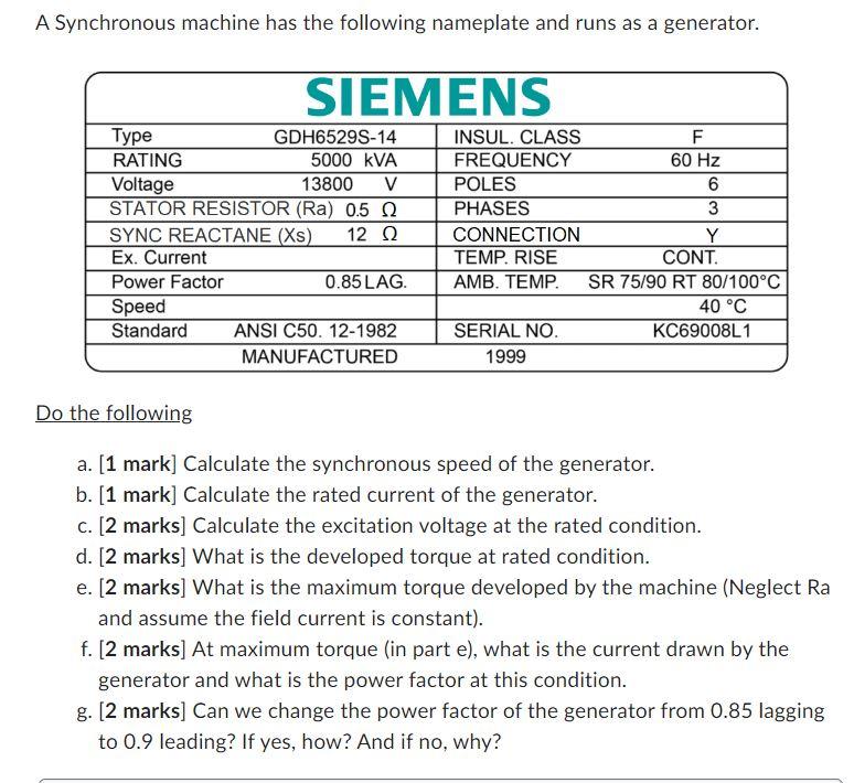 Solved A Synchronous machine has the following nameplate and | Chegg.com