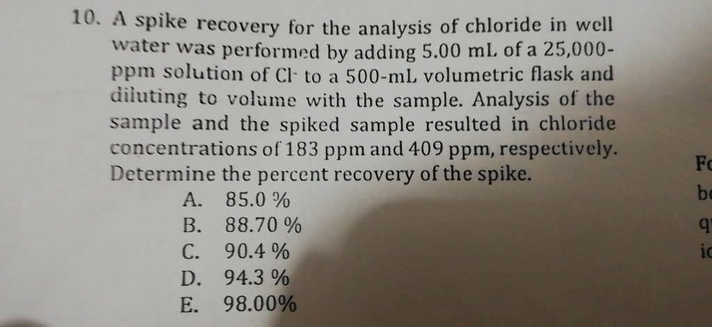 Solved 10. A spike recovery for the analysis of chloride in | Chegg.com