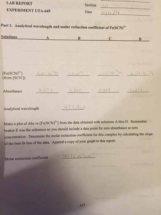 Solved LAB REPORT EXPERIMENT UTA-645 Section 1 Date 2 Part | Chegg.com