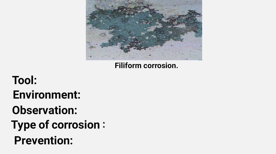 Solved Filiform corrosion. Tool: Environment: Observation: | Chegg.com
